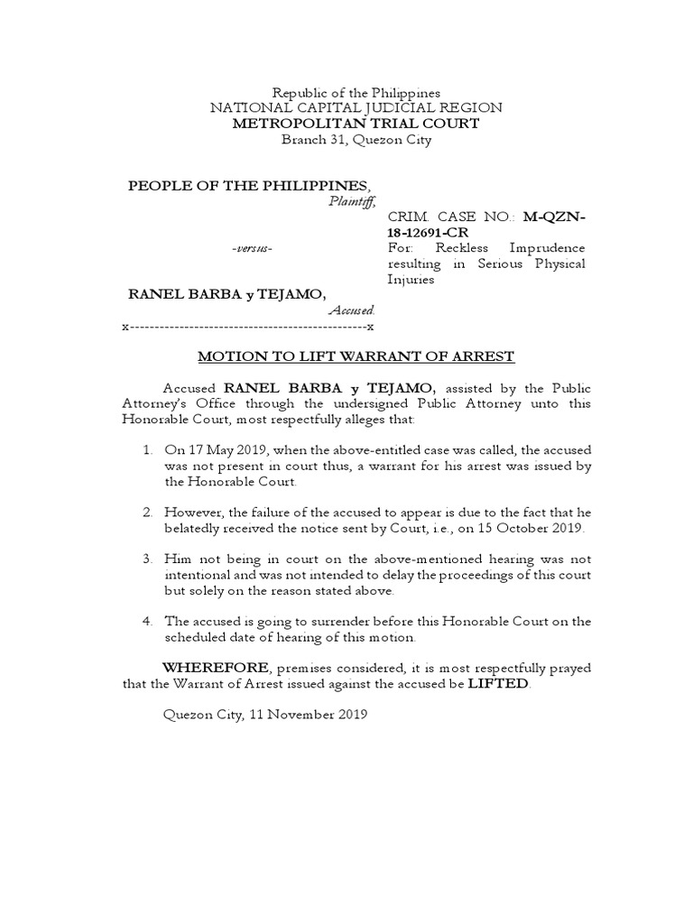 Motion to Lift Arrest Warrant | PDF | Prosecutor | Government Institutions