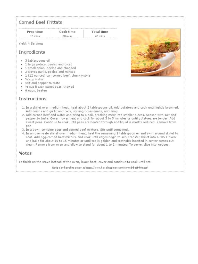 Easy Corned Beef Frittata Recipe | PDF | Cooking, Food & Wine | Wellness