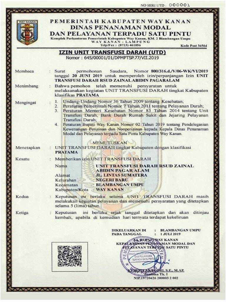 D. Surat Izin Operasional UTD RSUD Zainal Abidin Pagaralam Kabupaten ...