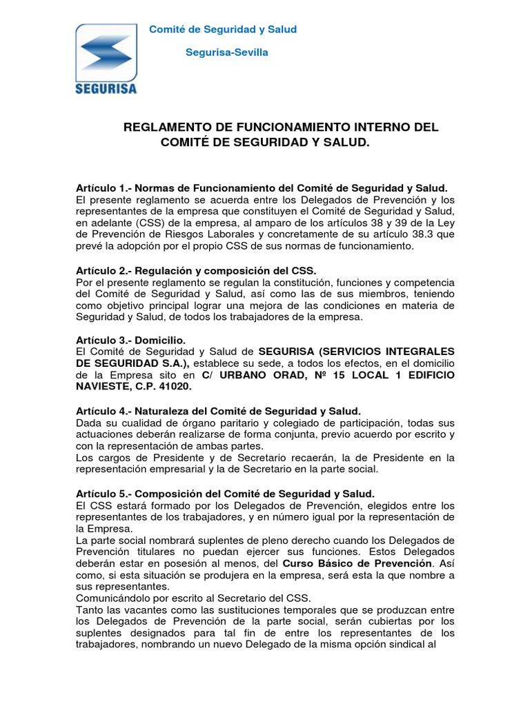 Reglamento de Funcionamiento Interno Del Comité de Seguridad y Salud | PDF | Derecho laboral ...