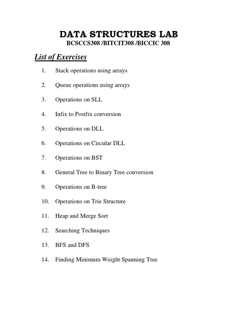 Data Structures Lab List Of Exercises Pdf Graph Theory Algorithms And Data Structures