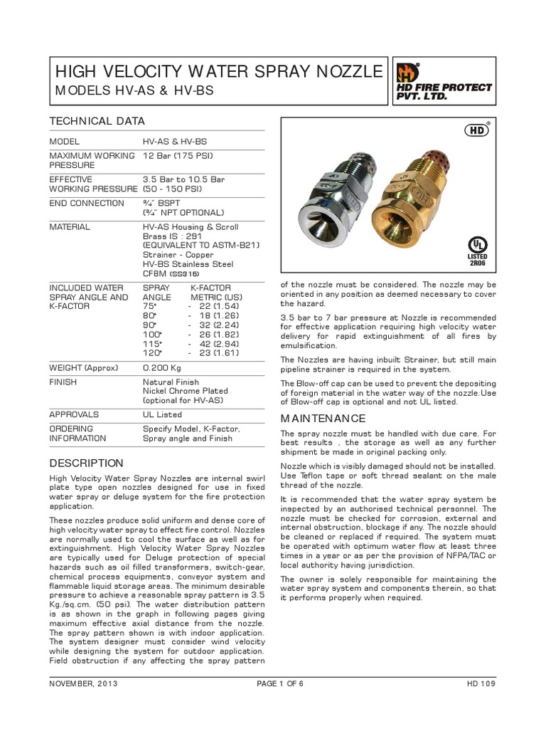 High Velocity Water Spray Nozzle: Models Hv-As & Hv-Bs | PDF | Nozzle ...