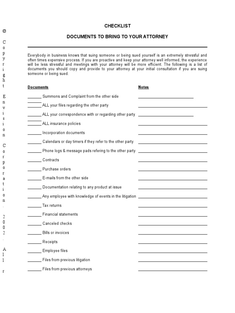 Checklist - Documents To Bring To Your Attorney | PDF