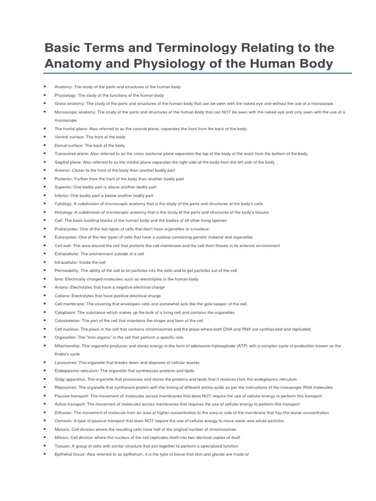 Basic Terms and Terminology Relating To The Anatomy and Physiology of ...