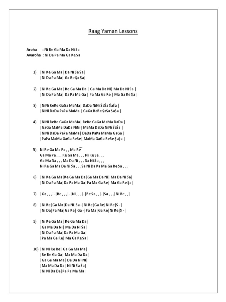 Raag Yaman Lessons: Aroha: Ni Re Ga Ma Da Ni Sa Avaroha: Ni Da Pa Ma Ga Re Sa | PDF