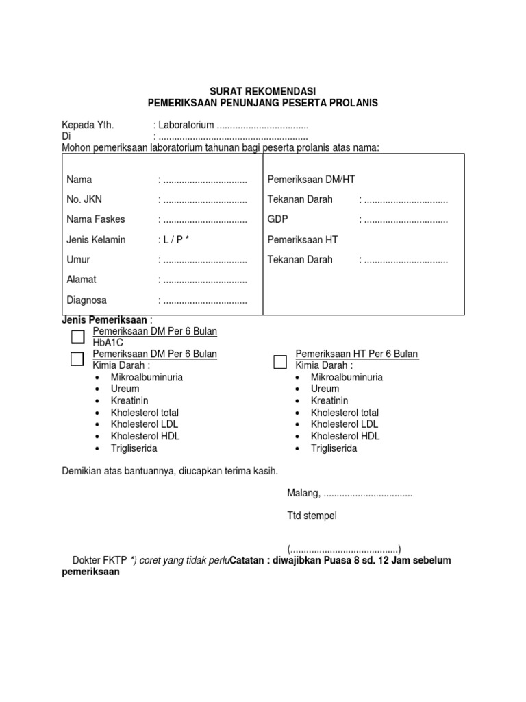 Surat Rekomendasi Pemeriksaan Penunjang Peserta Prolanis | PDF
