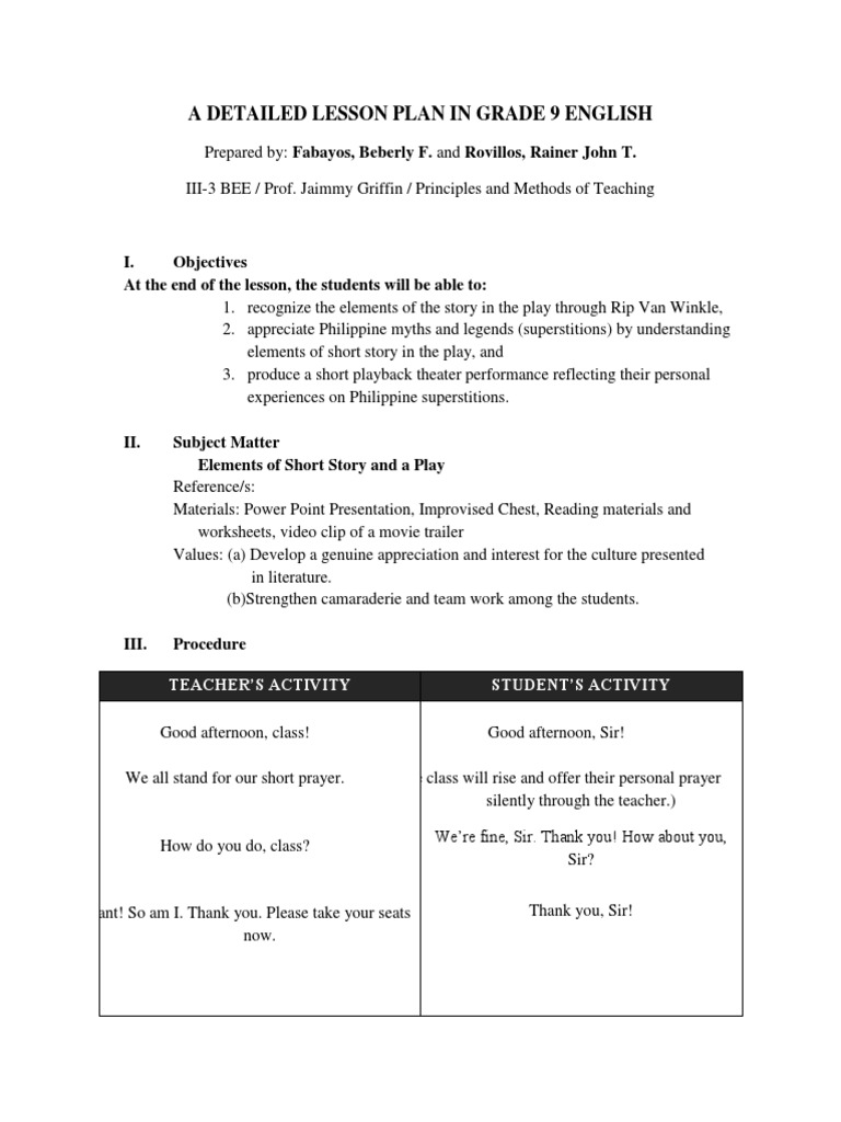 A Detailed Lesson Plan in Grade 9 Englis | PDF | Rip Van Winkle ...
