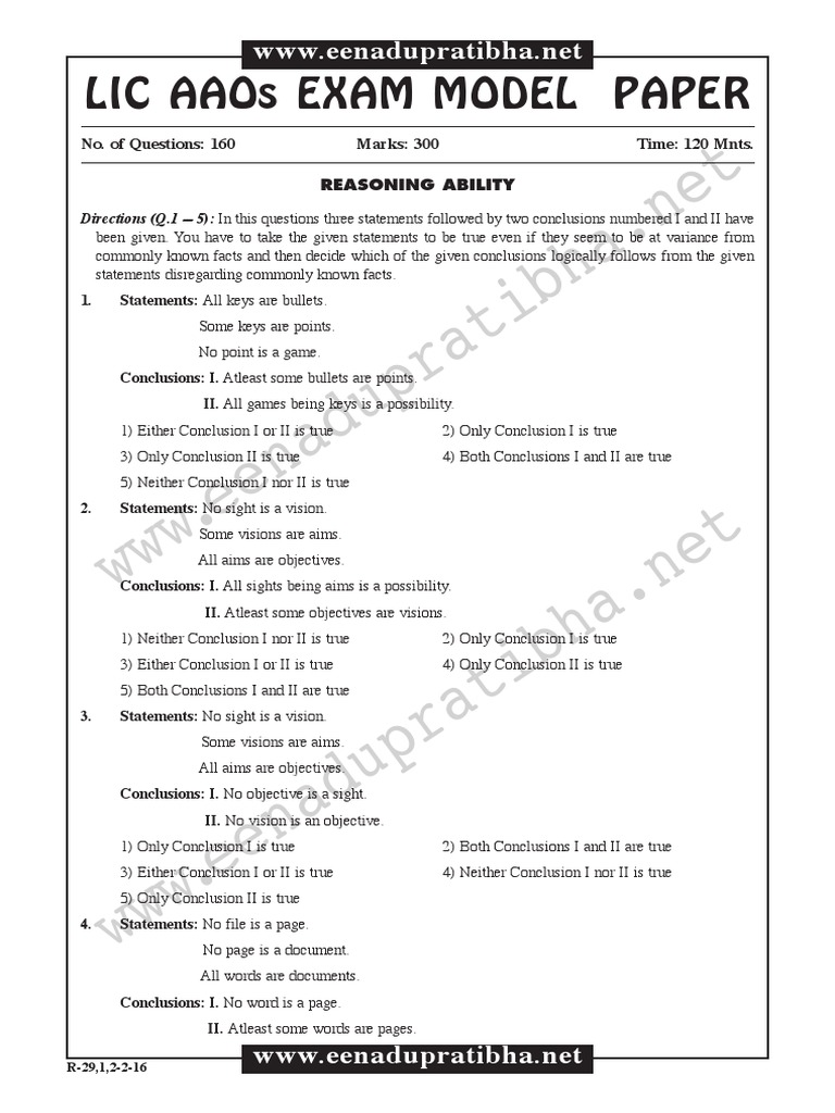 Lic Aaos Exam Model Paper: No. of Questions: 160 Marks: 300 Time: 120 ...
