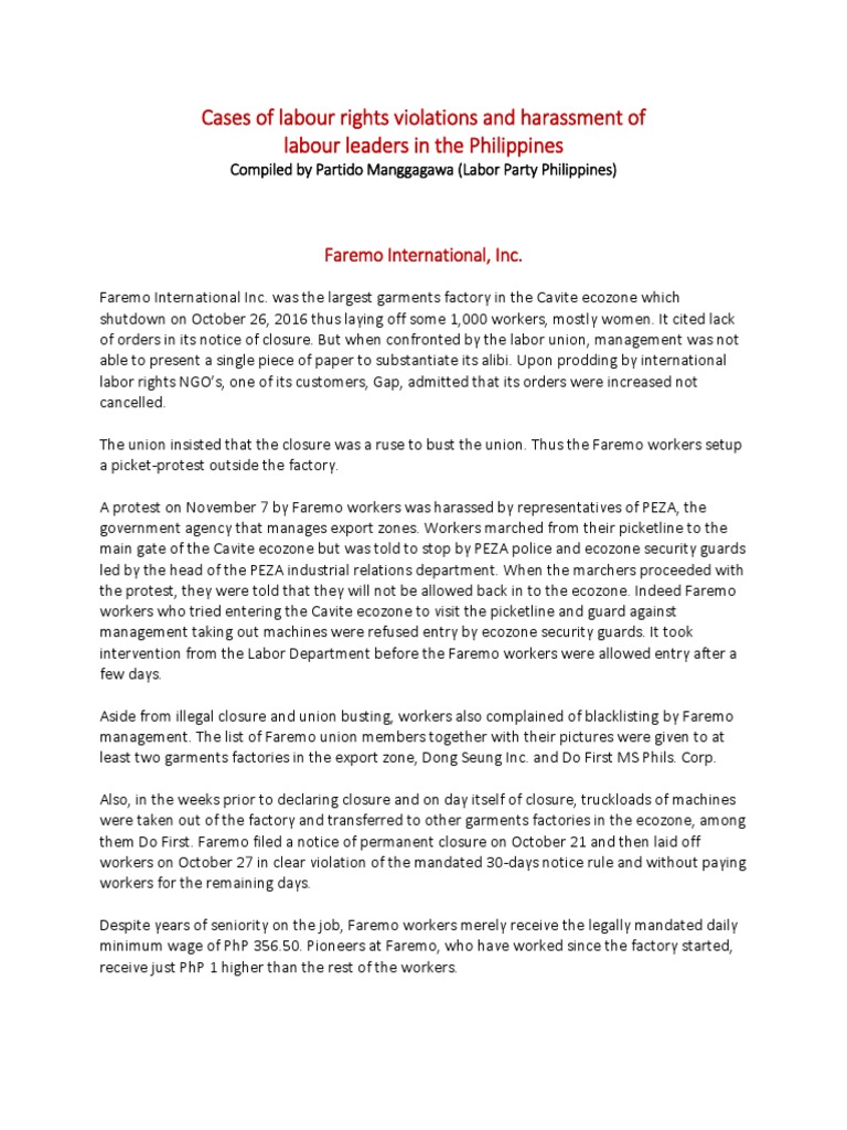 Cases of Labour Rights Violations in The Philippines | PDF | Union ...