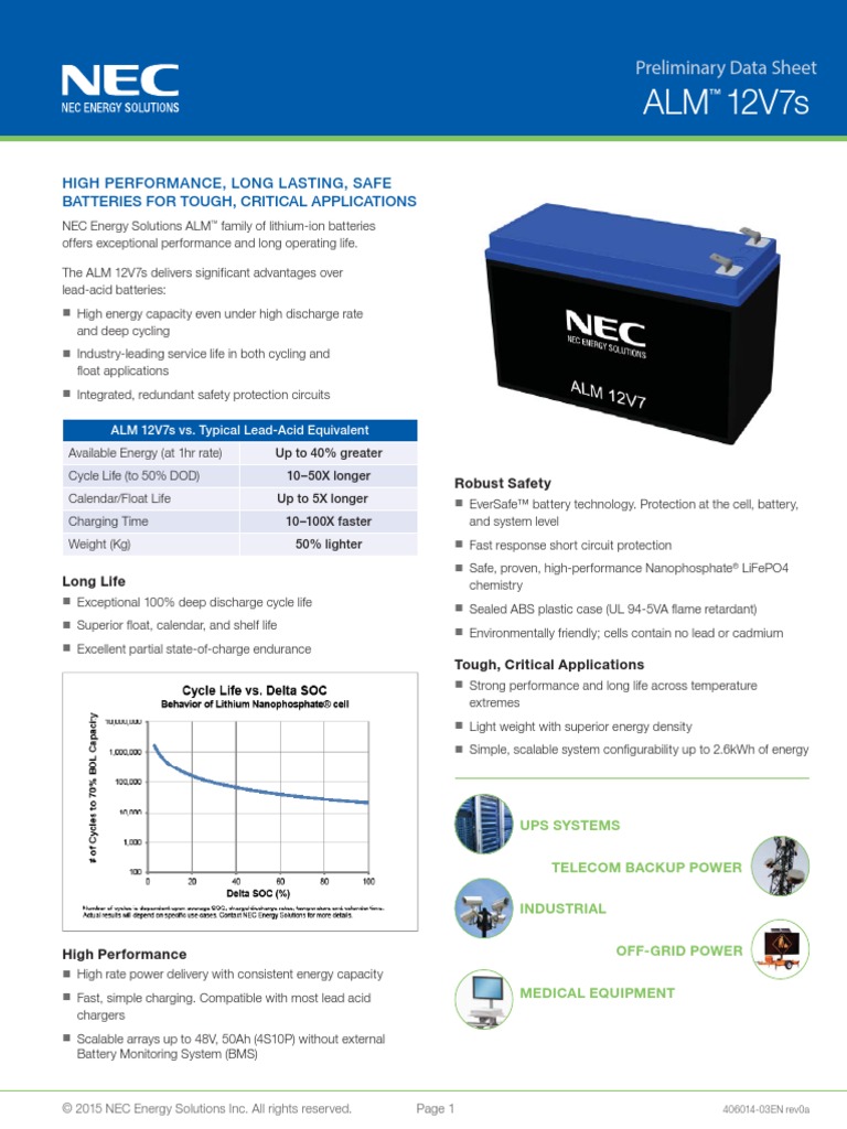 NEC ALM Battery 12V7s Datasheet | PDF | Battery Charger | Rechargeable ...