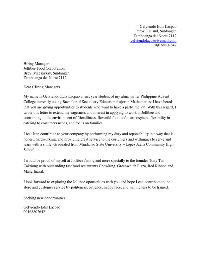 Jollibee Aplication Letter | PDF