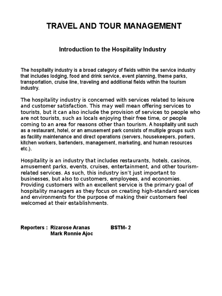 Travel and Tour Management: Introduction To The Hospitality Industry | PDF