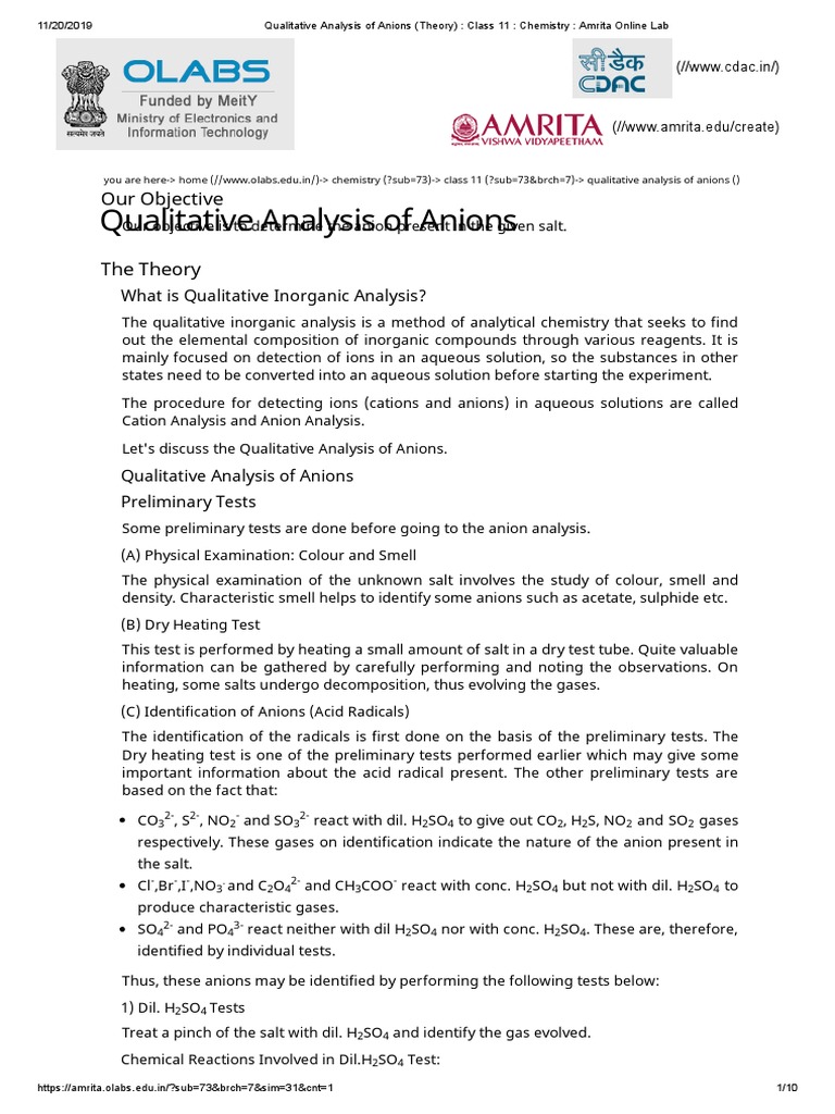 Qualitative Anion Analysis for Class 11 | PDF | Salt (Chemistry) | Chlorine