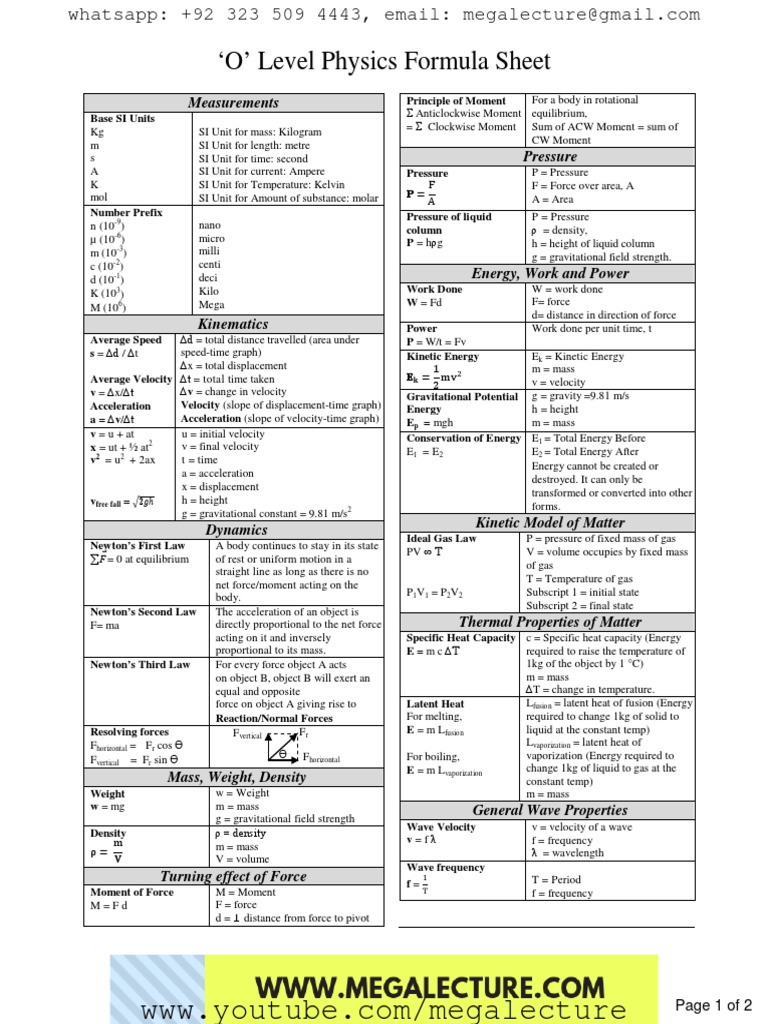 O Level Physics Formula Sheet 2 | PDF | International System Of Units ...