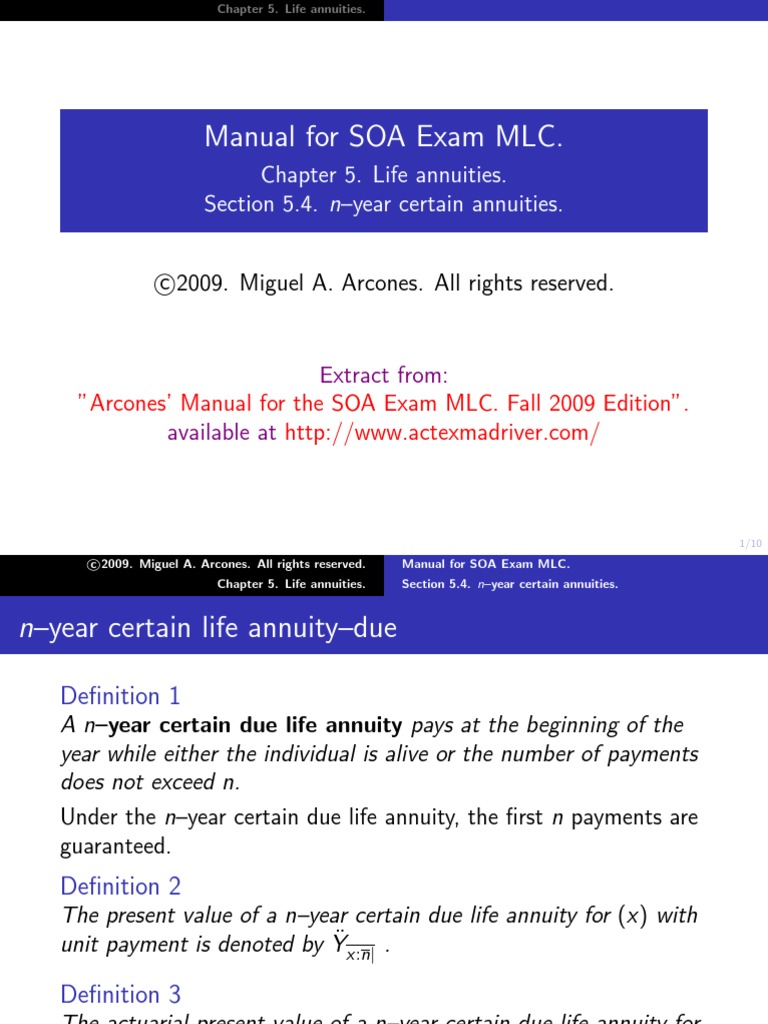 Manual For SOA Exam MLC.: Chapter 5. Life Annuities. Section 5.4. N-Year Certain Annuities | PDF ...