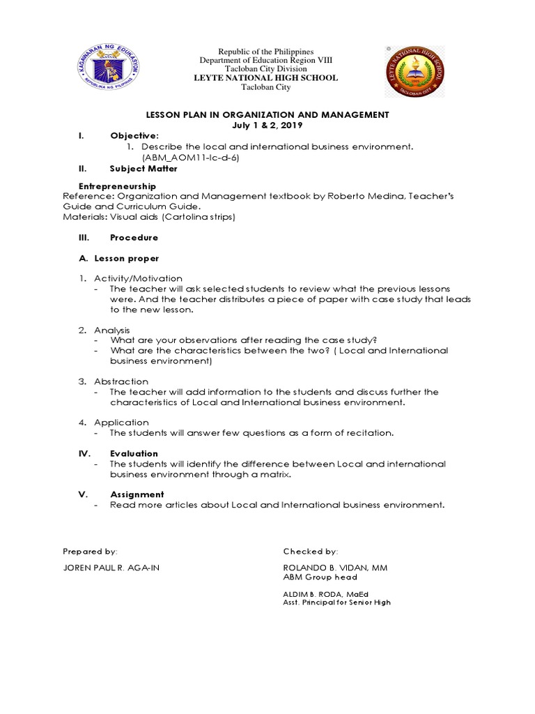 Lesson Plan in Organization and Management July 1 & 2, 2019 I ...