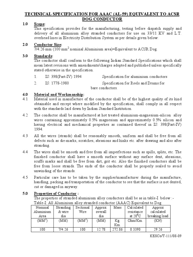 Technical Specification of Dog Conductor | PDF | Wire | Electrical ...