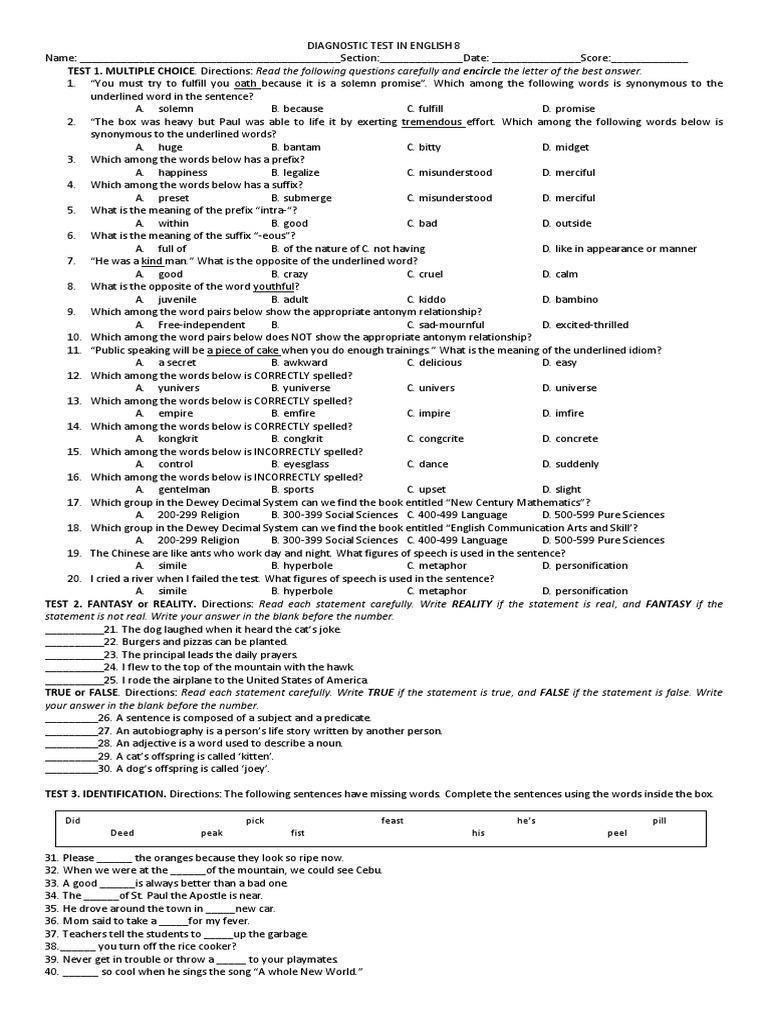 English Diagnostic Test Grade 8 | PDF | Linguistic Morphology | Onomastics
