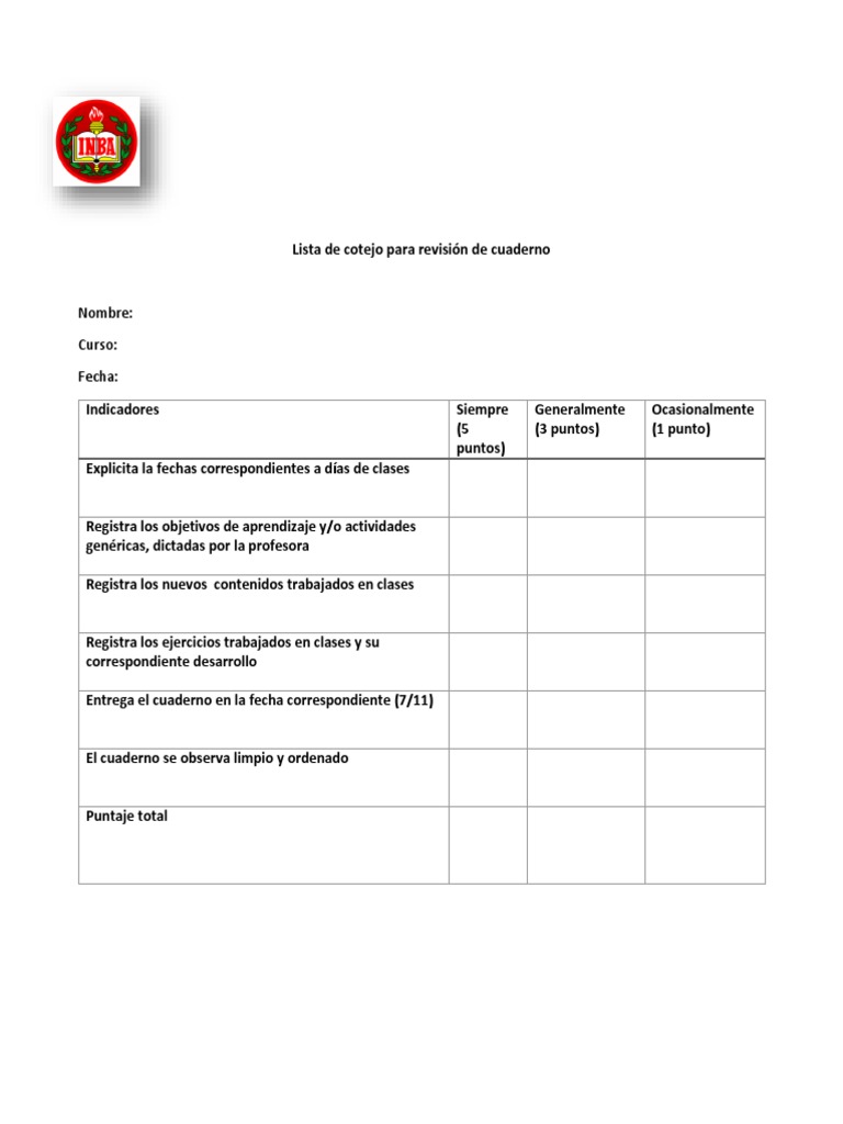 Lista de Cotejo para Revisión de Cuaderno | PDF