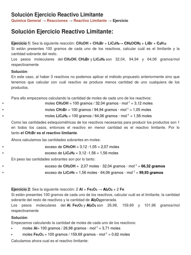 Solución Ejercicio Reactivo Limitante | PDF | Mole (Unidad ...