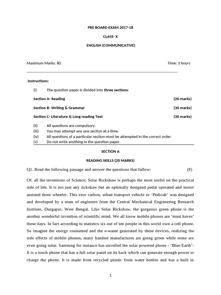 Pre Board Exam 2017-18 Class-X English (Communicative) | PDF | Nature