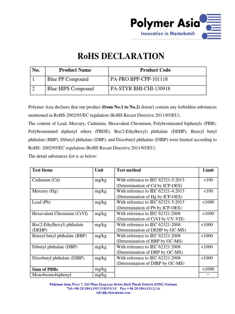 Rohs Declaration: No. Product Name Product Code | PDF | Chemical ...