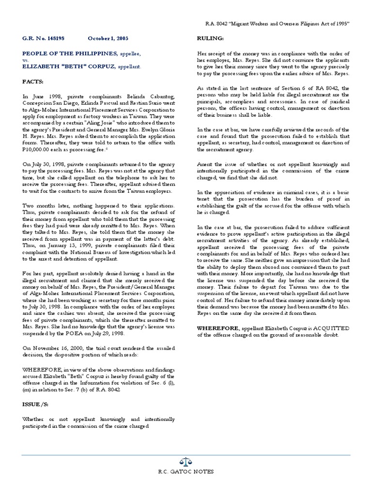 R.A. 8042 Case Digests - RCG Notes | PDF | Employment | Burden Of Proof ...