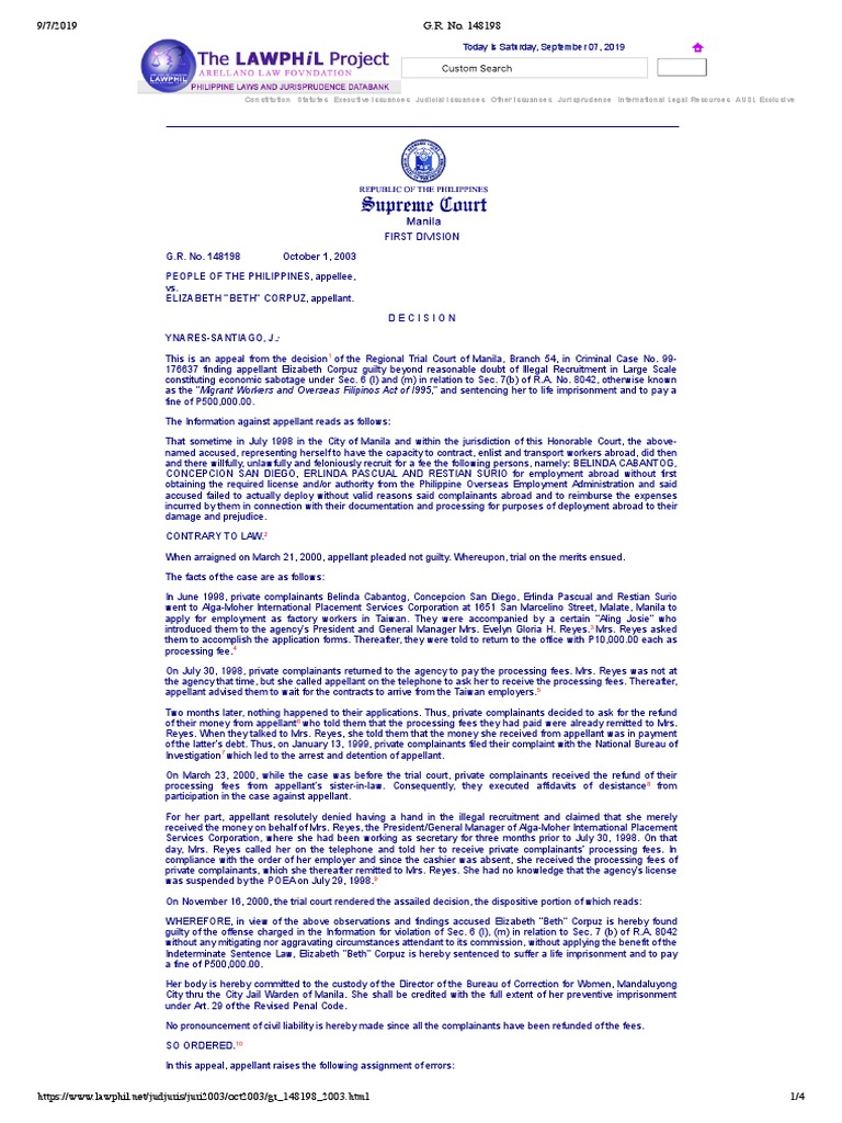 G.R. No. 148198 October 1, 2003 People of The Philippines, Appellee, ELIZABETH "BETH" CORPUZ ...