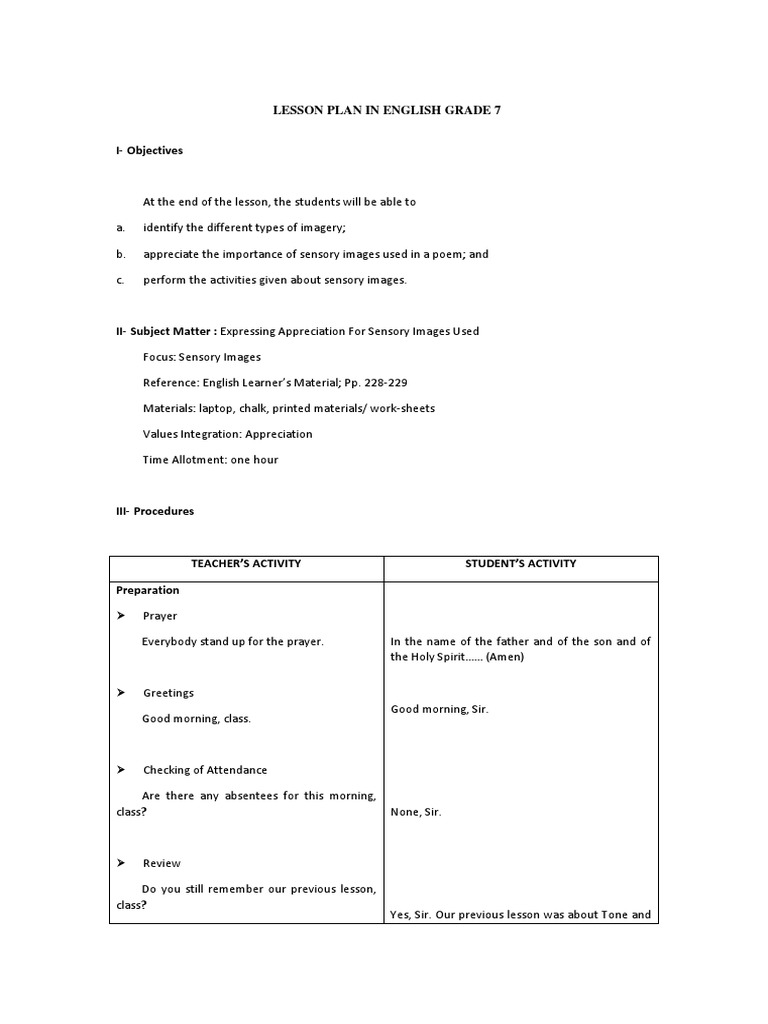 Lesson Plan in English Grade 7 | PDF | Senses | Perception