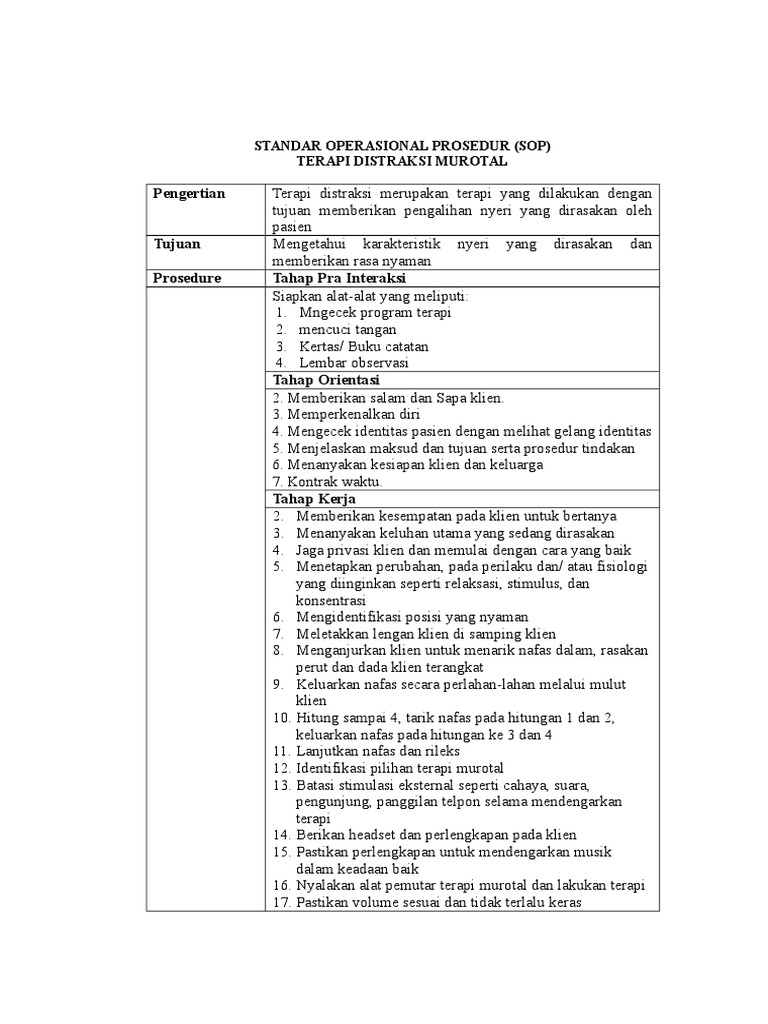 Pengertian: Standar Operasional Prosedur (Sop) Terapi Distraksi Murotal | PDF