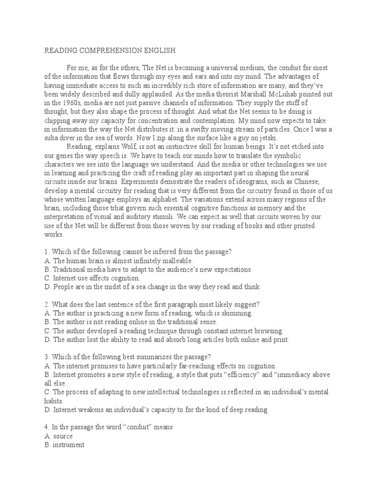 READING-COMPREHENSION English | PDF | Mind | Thought