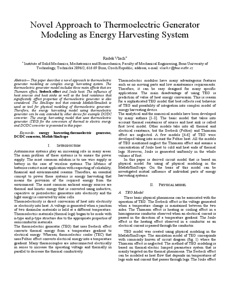Novel Approach To Thermoelectric Generator Modeling As Energy Harvesting System PDF | PDF ...