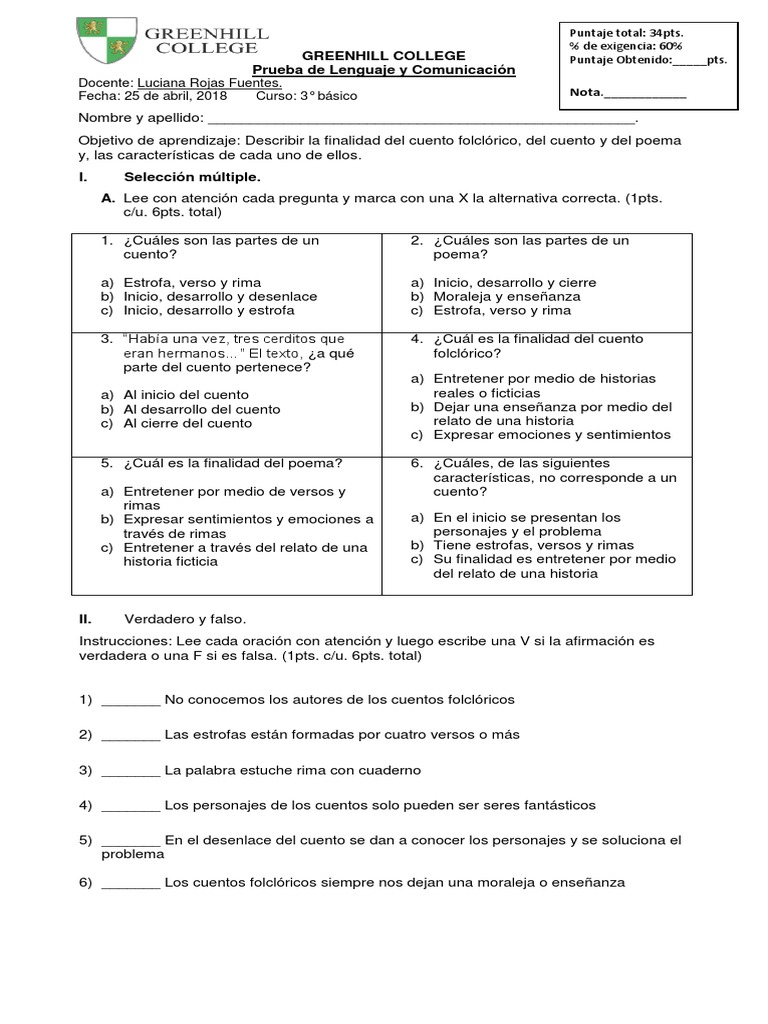 Prueba de Cuentos y Poemas 3° Básico | PDF | Poesía | Cuentos