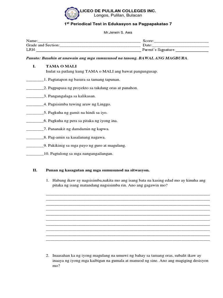 1st Periodical Test ESP 7 | PDF