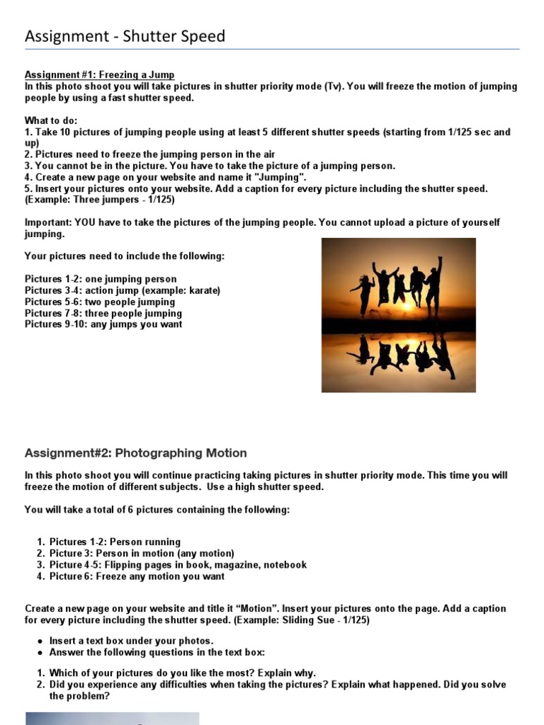 Shutter Speed Assignments | PDF | Shutter Speed | Shutter (Photography)
