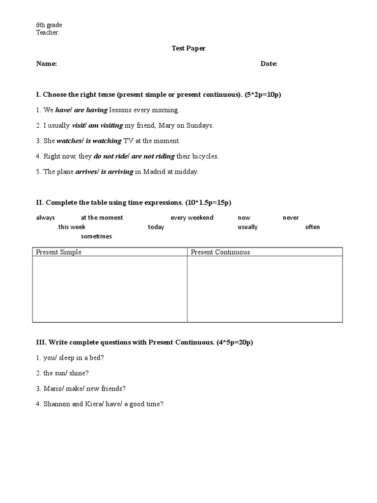 Test Paper Name: Date:: 6th Grade Teacher | PDF