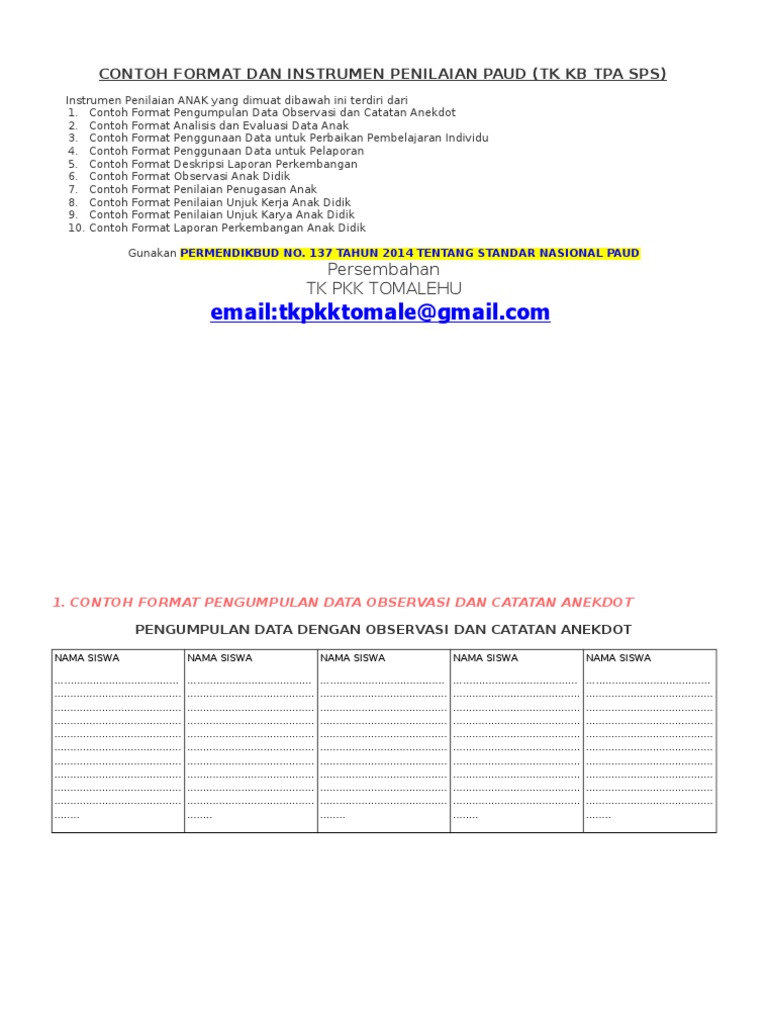 c.6 Format Evaluasi Penilaian Paud TK KB Tpa Sps | PDF