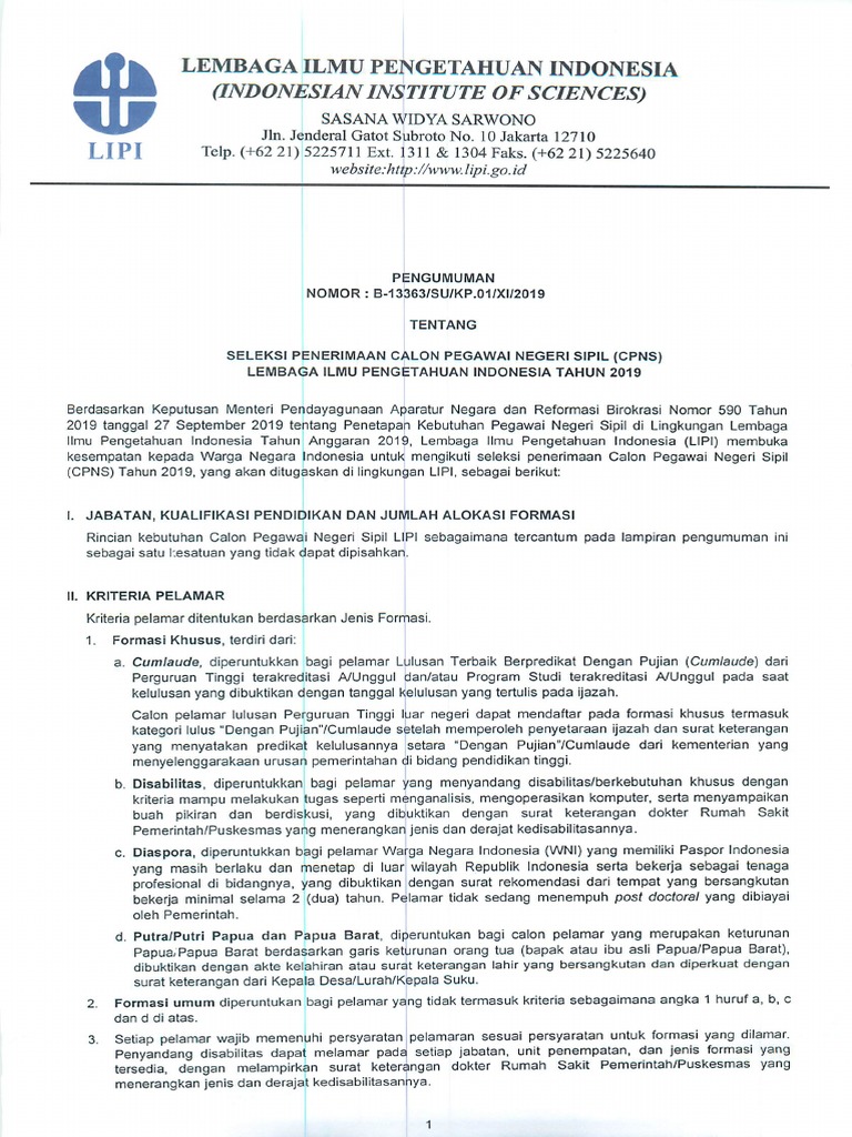 B-13363 Seleksi Penerimaan CPNS LIPI 2019 | PDF