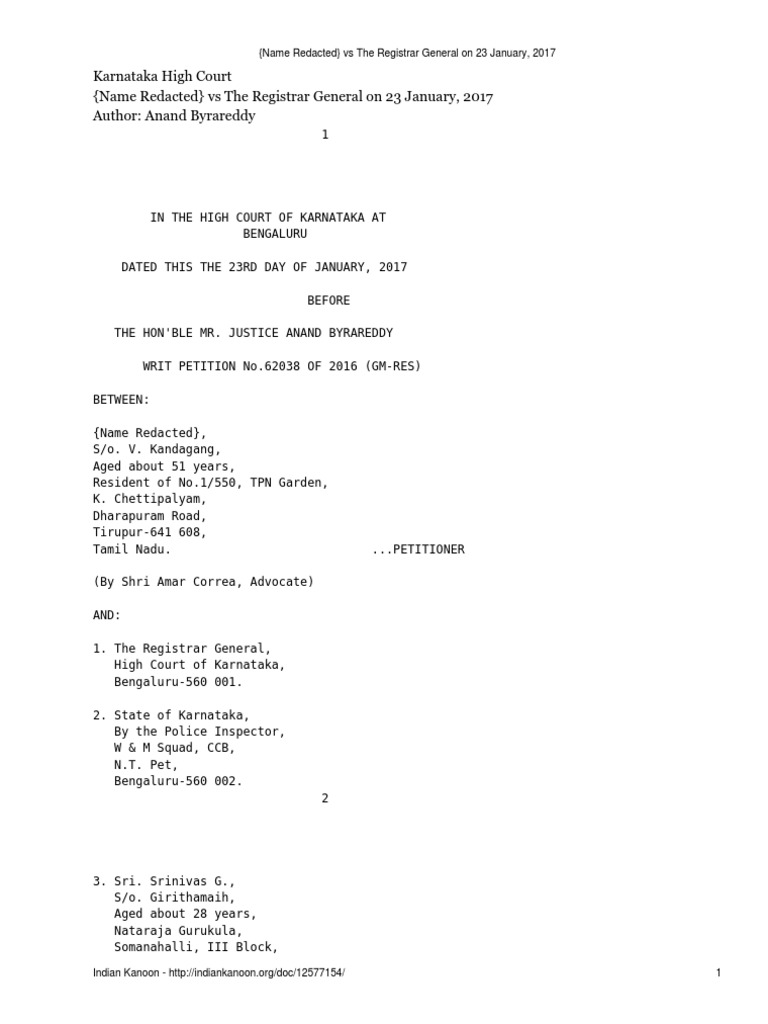 Karnataka High Court (Name Redacted) Vs The Registrar General On 23 ...