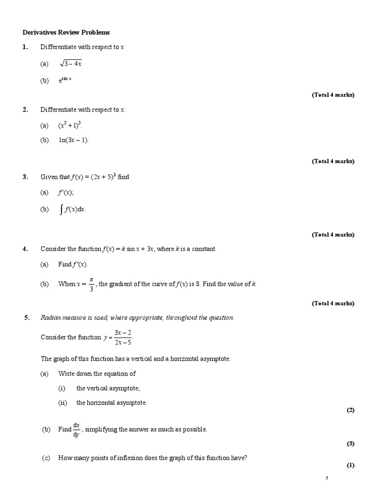 Derivatives Practice Problems | PDF | Derivative | Asymptote