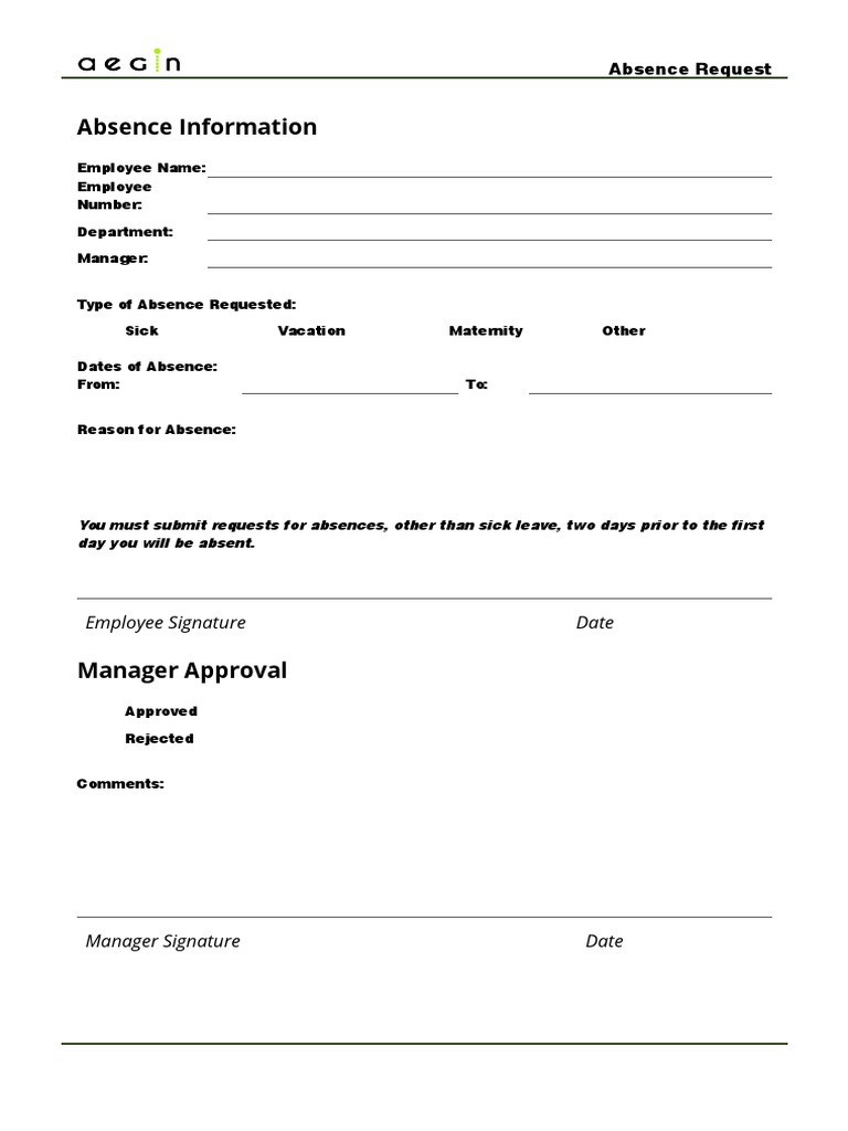 Absence Request Form | PDF | Working Conditions | Employee Relations