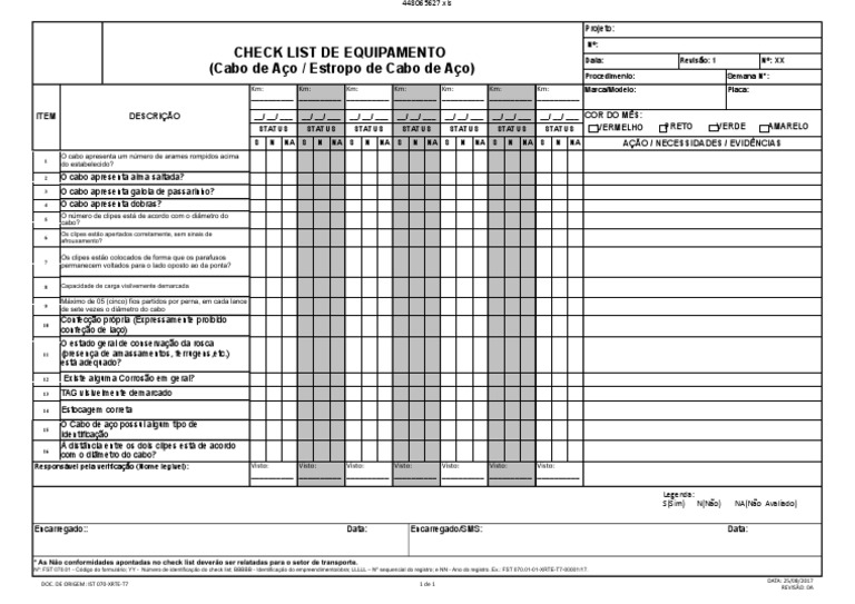Check list de equipamento de cabo de aço com itens de inspeção para ...