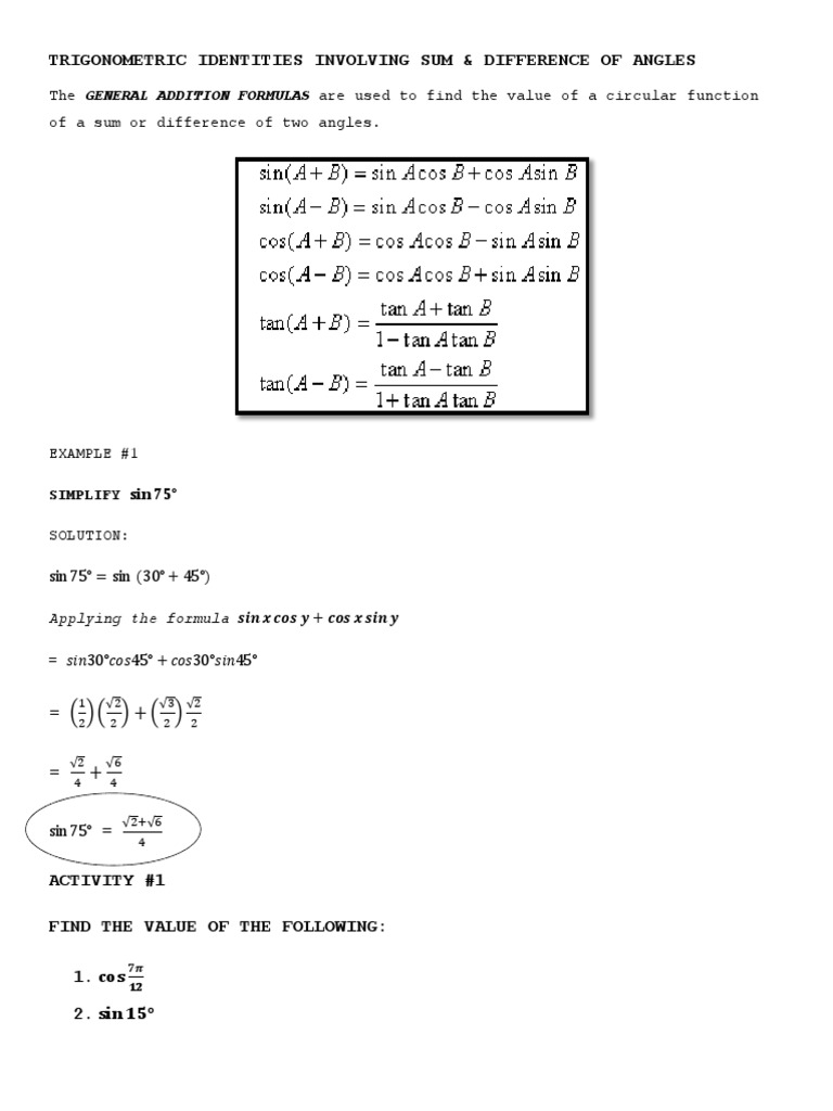 Trigonometric Identities Involving Sum & Difference of Angles | PDF ...