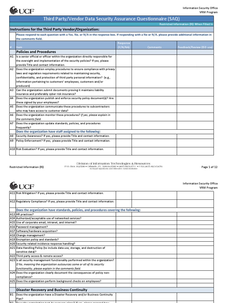 Third Party Data Security Assurance Questionnaire | PDF | Information ...