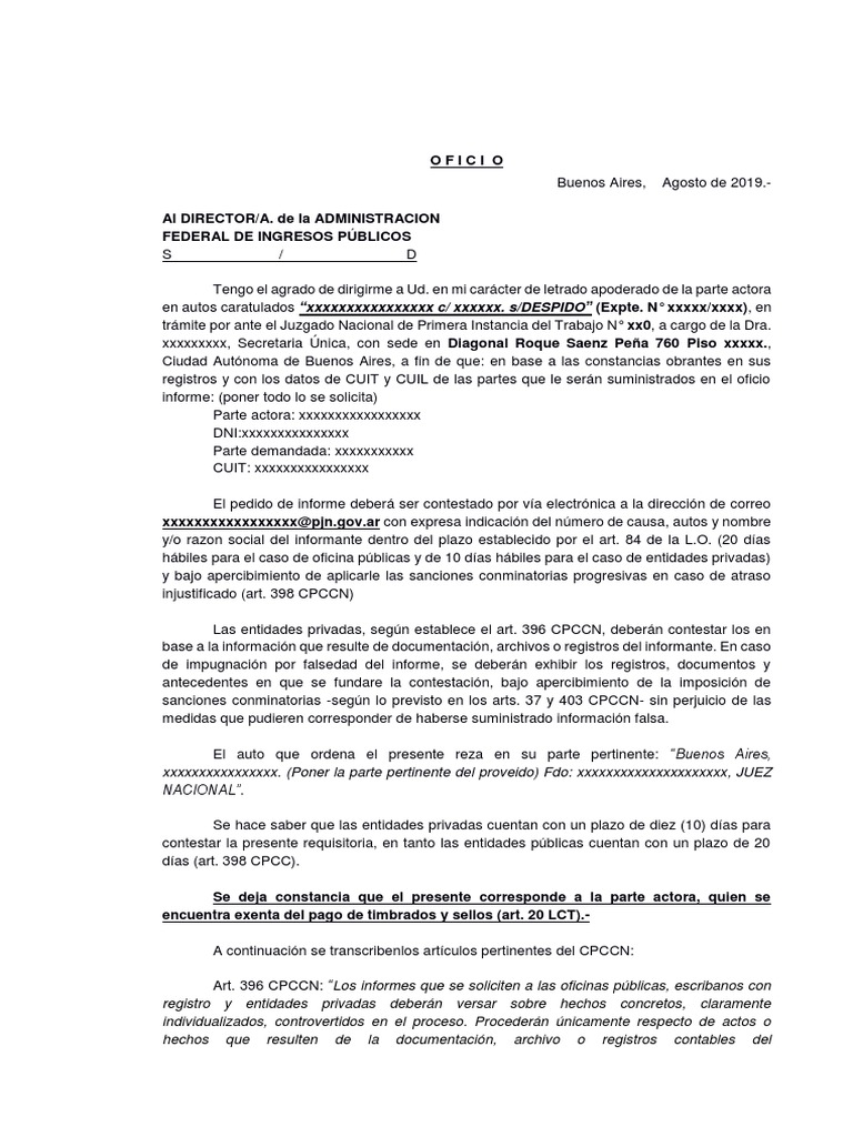 Modelo Oficio Judicial Afip | PDF | Instituciones sociales | Ciencias sociales