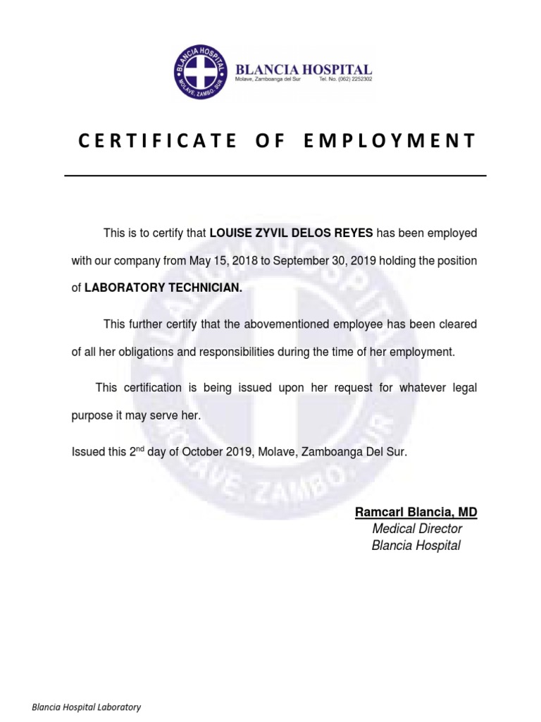 Employment Certificate for Technician | PDF