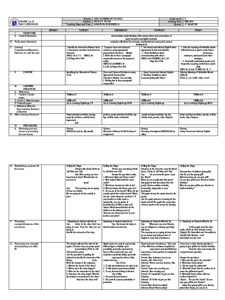 Analyzing a Fifth Grade English Lesson Plan on Identifying Elements of ...