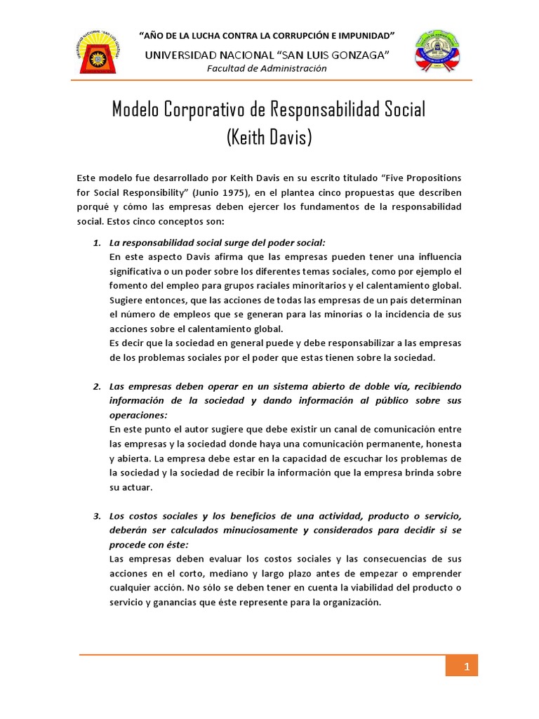 El modelo de responsabilidad social corporativa de Keith Davis: cinco propuestas para la ...