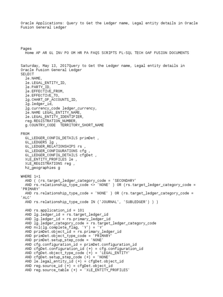 Oracle Applications Query To Get The Ledger Name, Legal Entity Details ...