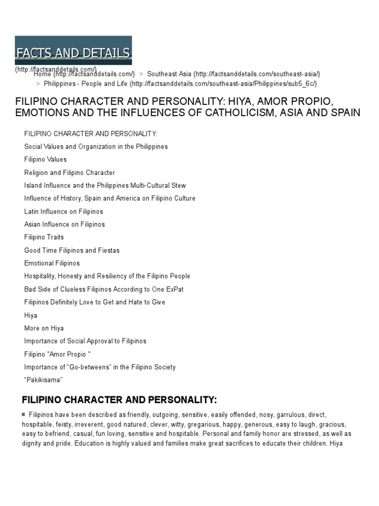 Filipino Character and Personality - Hiya, Amor Propio, Emotions and ...